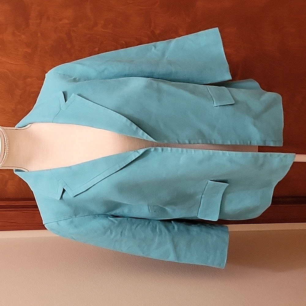 Talbots Light Turquoise 100% Linen Open Front Jacket … - Gem